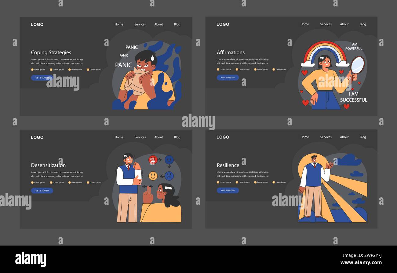 Overcoming fears web or landing dark or night mode set. Characters confronting fears with ...