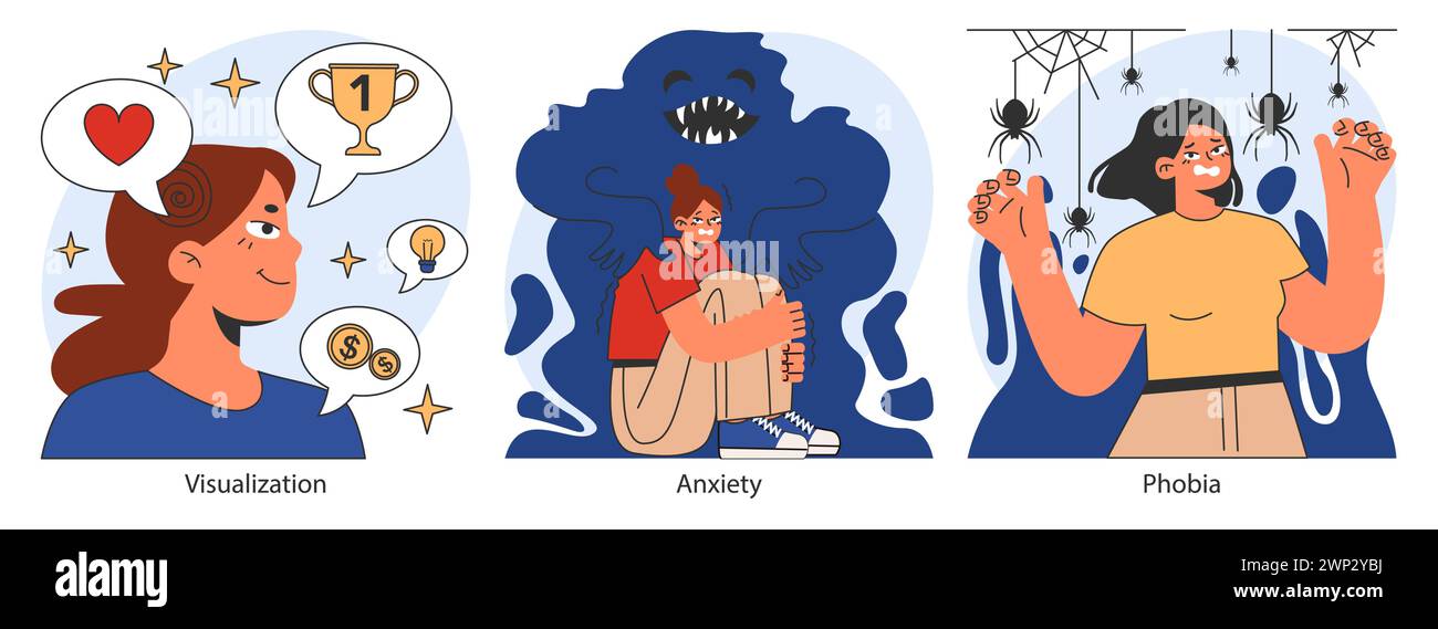 Overcoming fears set. Characters confronting fears with desensitization ...