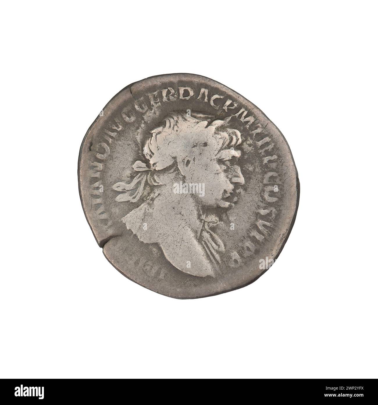 Silver denarius from Roman Emperor Trajan, dated 112-117, showing the ...