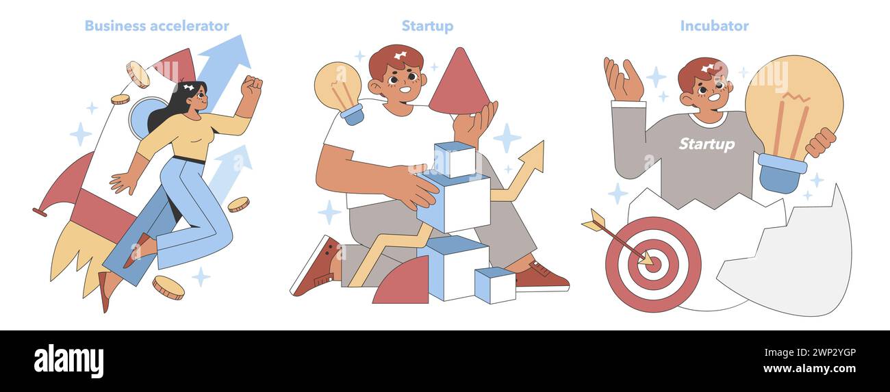 Business Accelerator concept. Stylized figures depict startup evolution ...