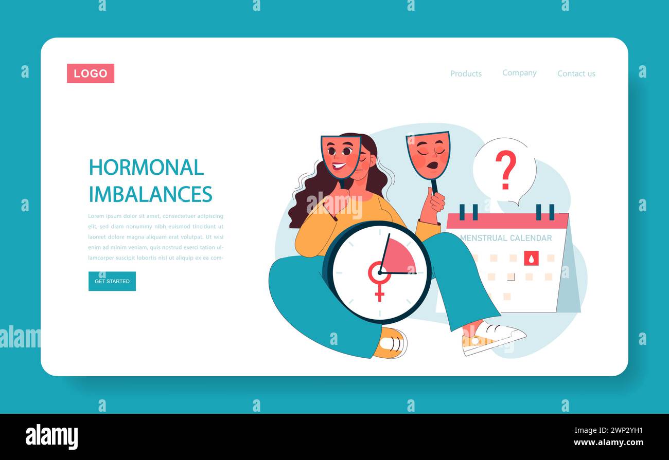 Hormonal imbalances web or landing. Woman evaluates hormonal imbalances ...