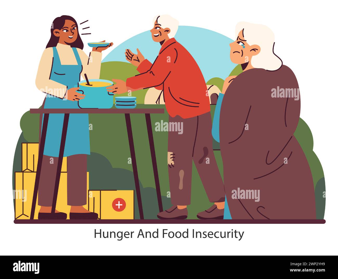 Community support. Volunteers serve meals to the elderly, addressing ...