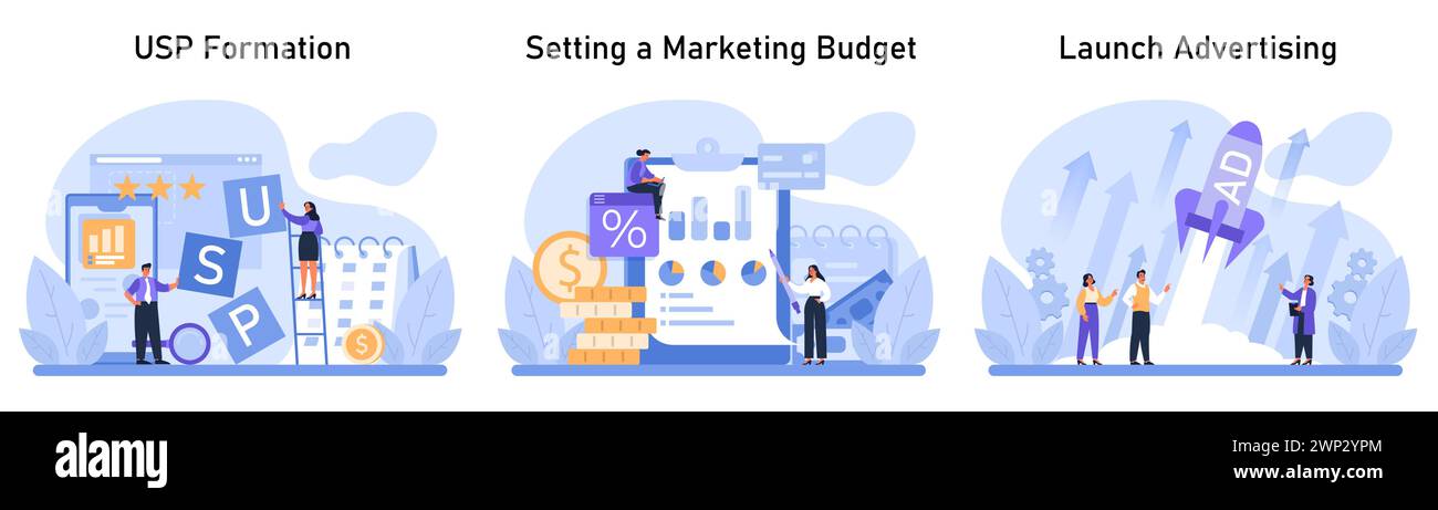 Marketing Strategy Development set. Crafting unique selling ...