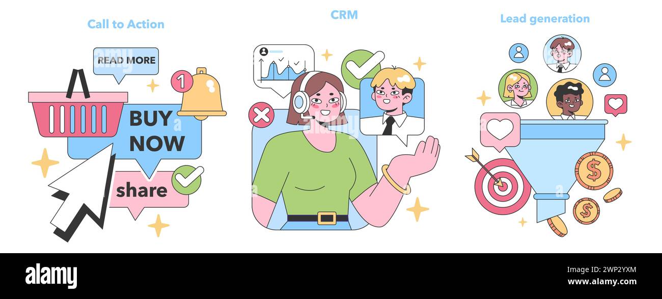 Digital Marketing Set Engaging Call To Action Buttons Insightful Crm Analytics Diverse Team