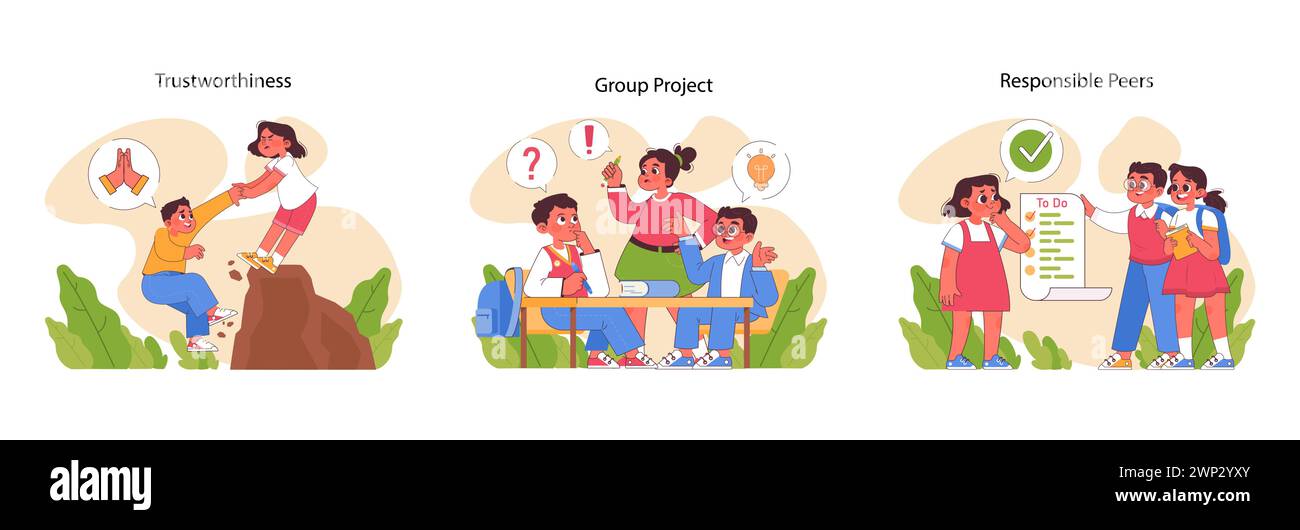 Child Responsibility set. Kids demonstrating trust, cooperation in ...