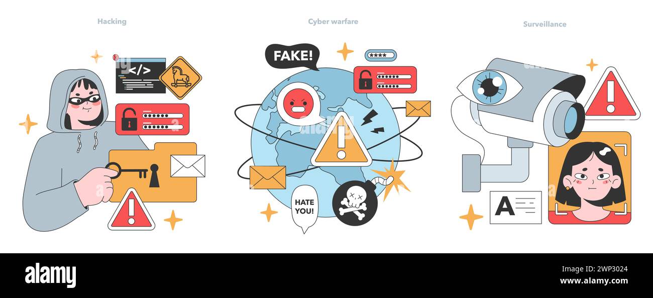 Cybersecurity set. Hacker with coding skills, global cyber attacks with ...