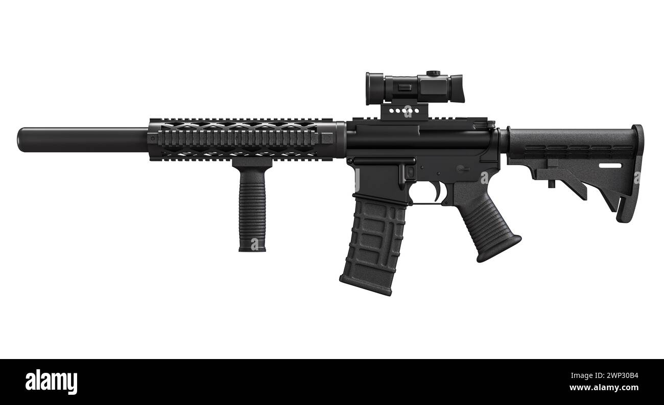 Detailed image of an assault rifle with a matte black finish isolated ...