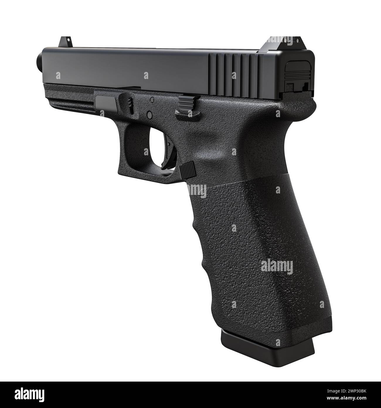 Black semi-automatic pistol with a tactical design isolated on a white ...