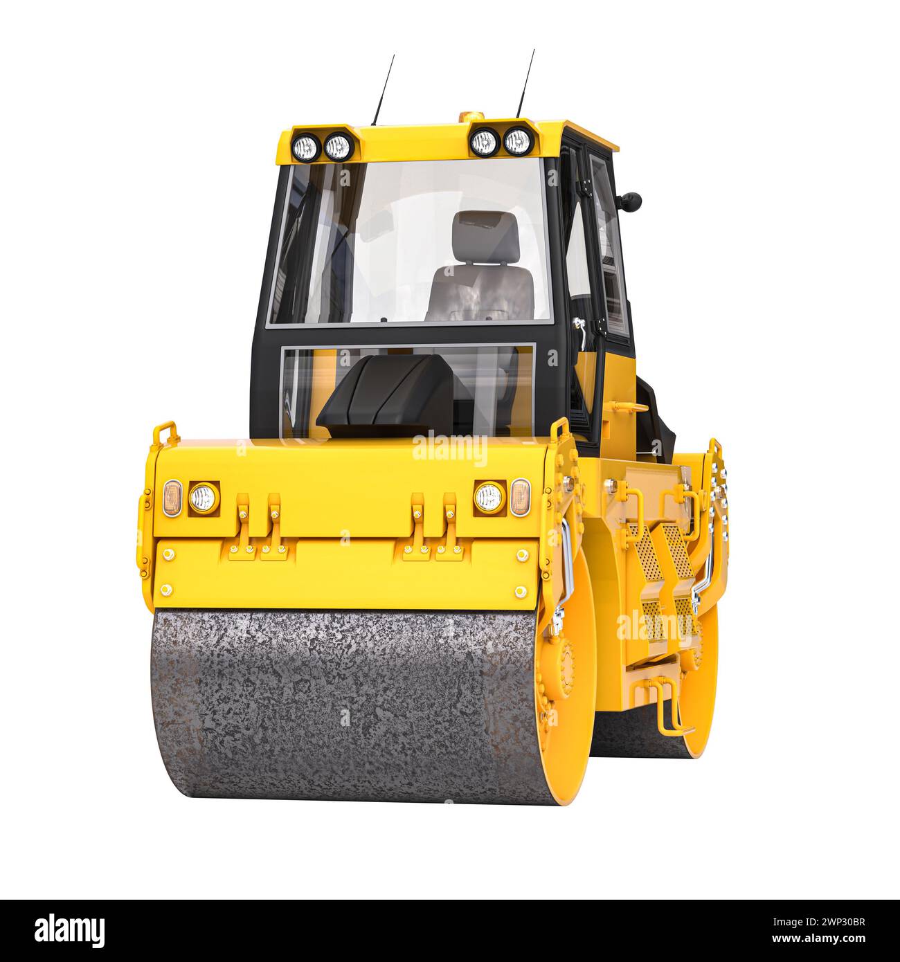 Modern yellow road roller with a visible cabin, isolated on a clean ...