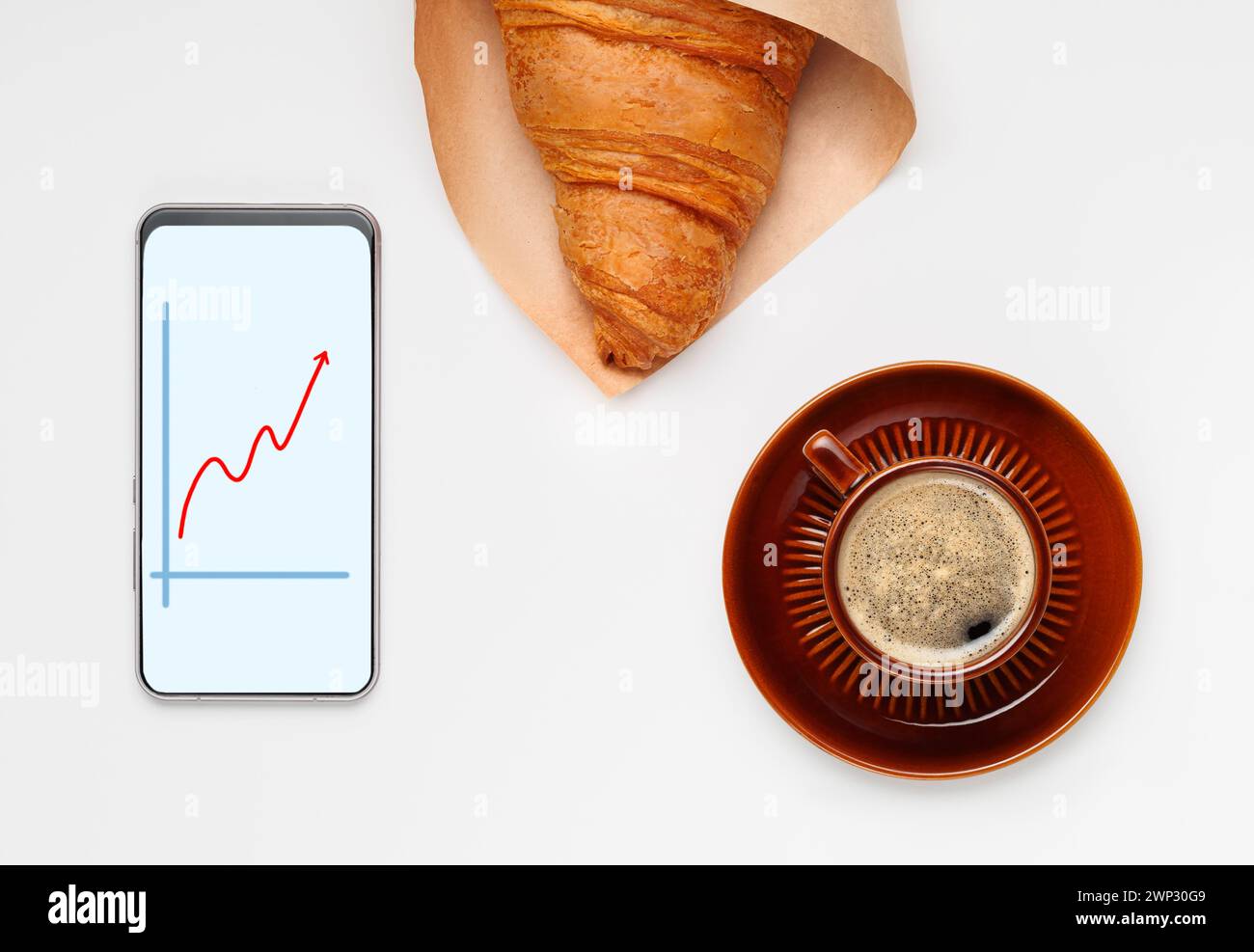 cup of black coffee with croissant and telephone with stock market ...