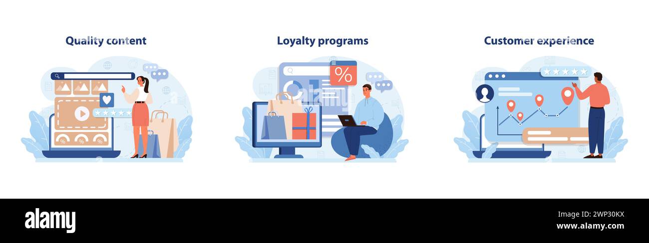 Consumer Engagement Strategies Set Illustrations Highlight The Importance Of Quality Content