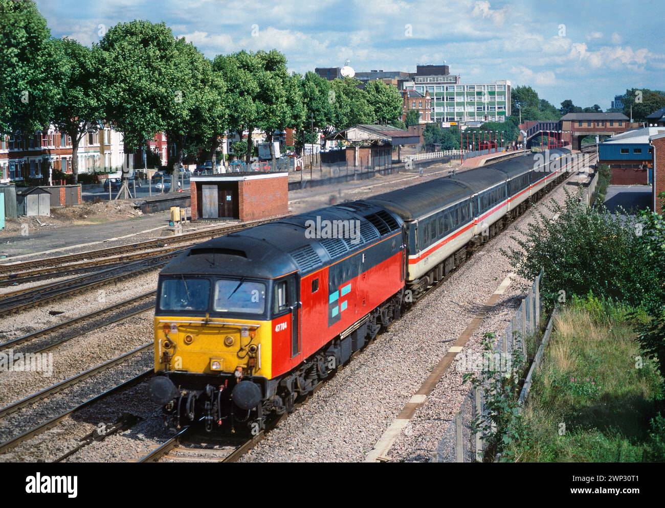 A Class 47 diesel locomotive number 47704 in RES livery working an ...