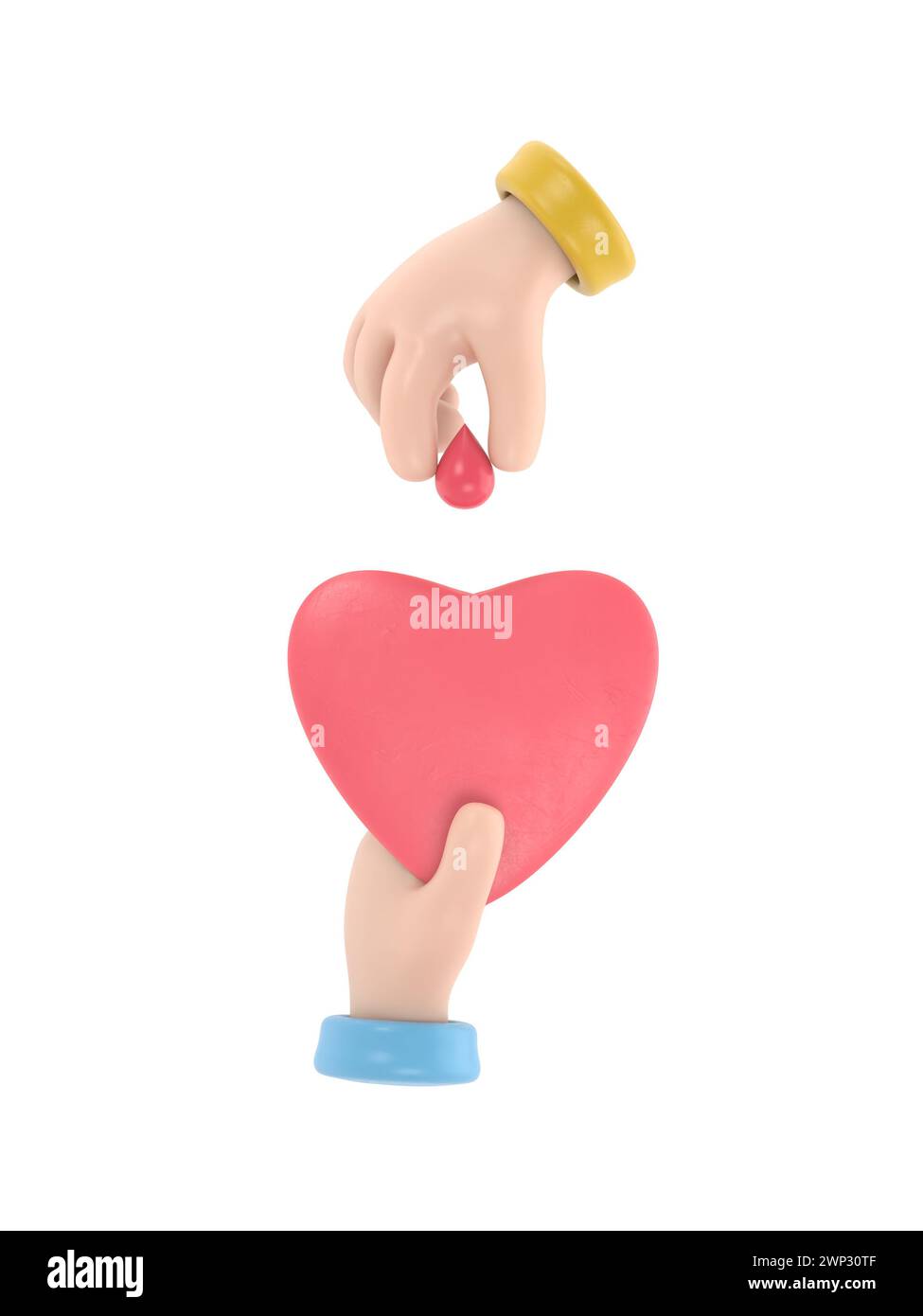 Blood donation concept. Drop of blood hold in hand giving the heart. 3D ...