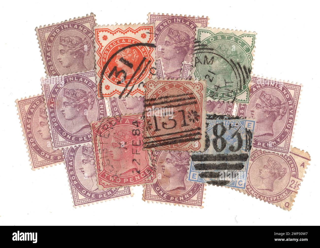 A montage of vintage Queen Victoria postage stamps from Great Britain ...