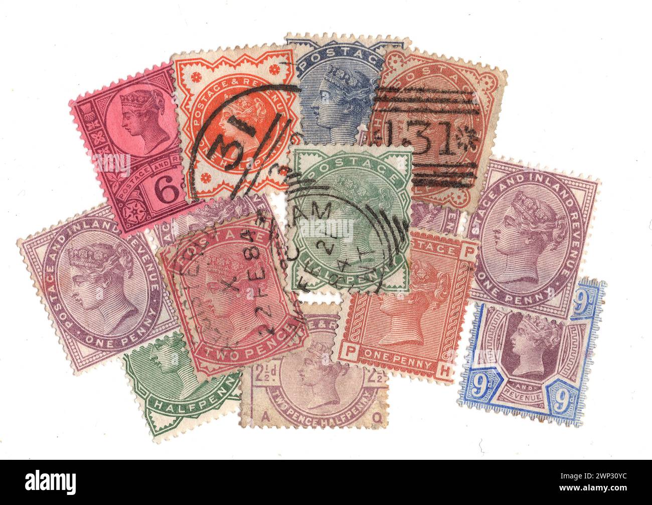 A montage of vintage Queen Victoria postage stamps from Great Britain ...