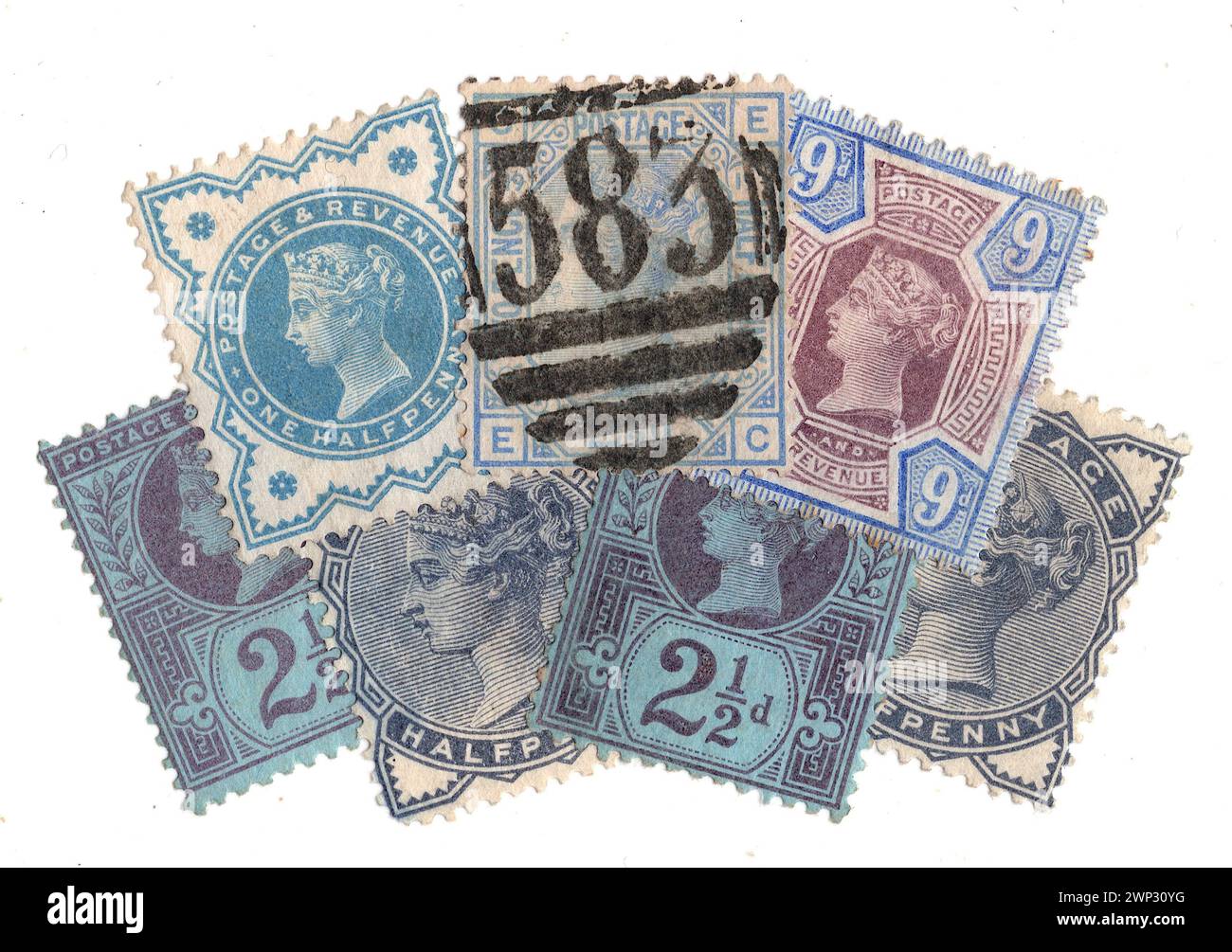 A montage of vintage Queen Victoria postage stamps from Great Britain ...