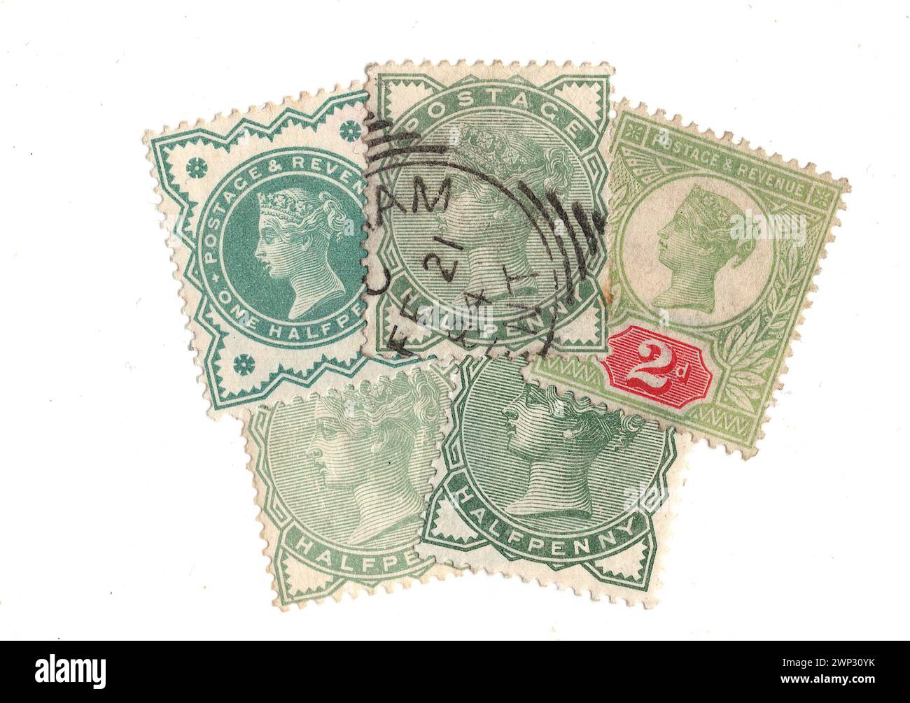 A montage of vintage Queen Victoria postage stamps from Great Britain ...