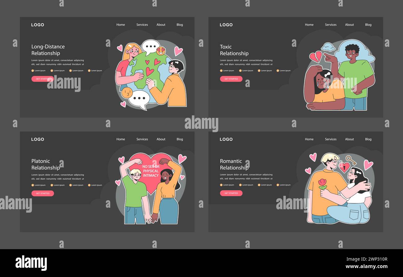 Relationships web or landing dark or night mode set. Diverse ...