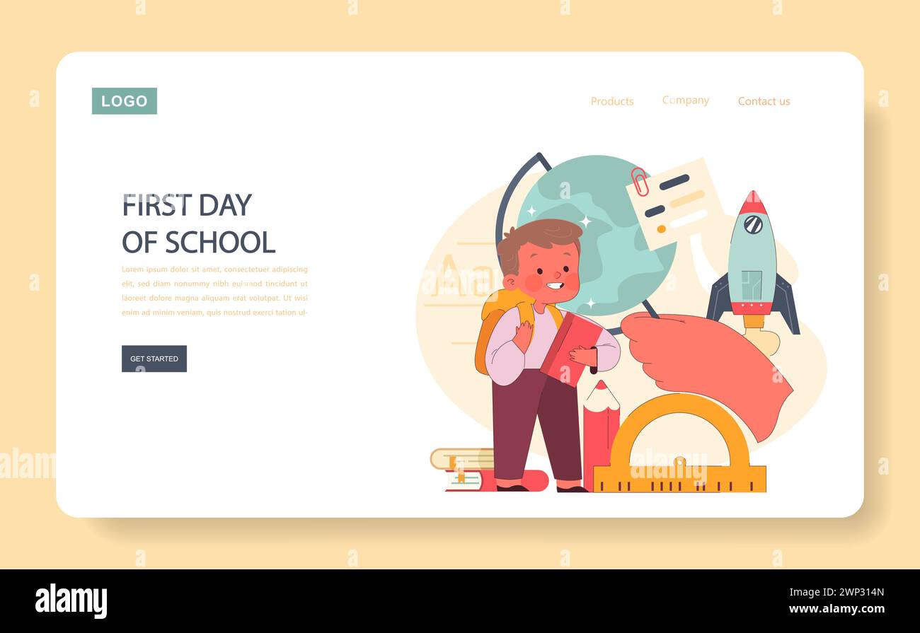 First Day of School concept. A cheerful boy, backpack in tow, stands ...