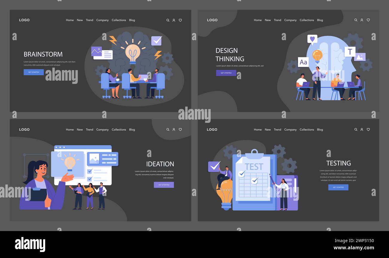 Design Thinking dark or night mode web layout set. From brainstorm to ... Design Thinking dark or night mode web layout set. From brainstorm to ...