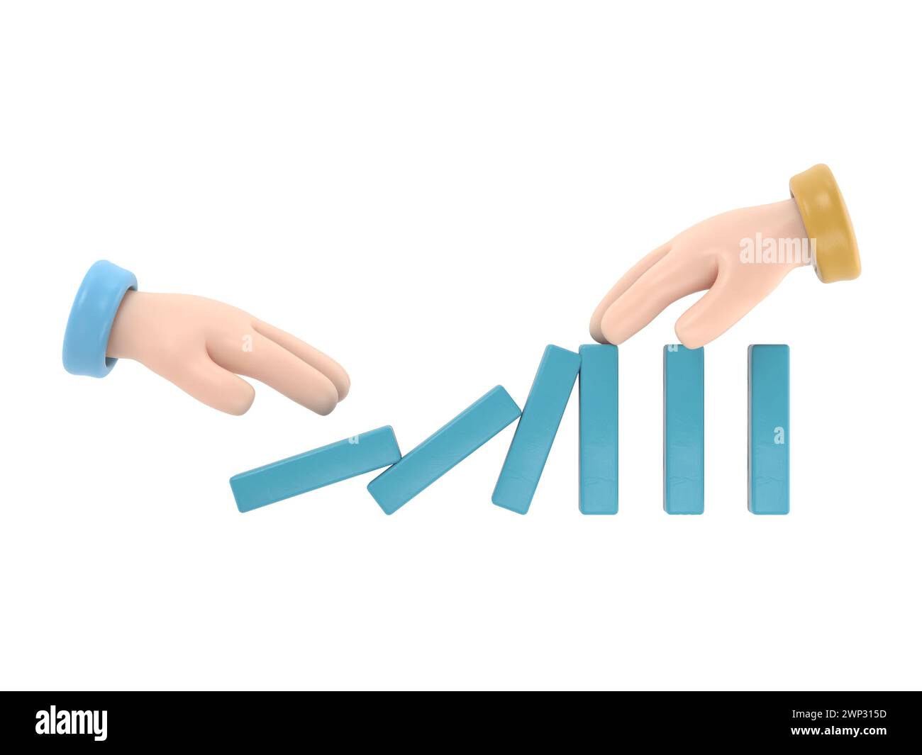 Domino effect concept. One man pushes the dominoes and second stops ...