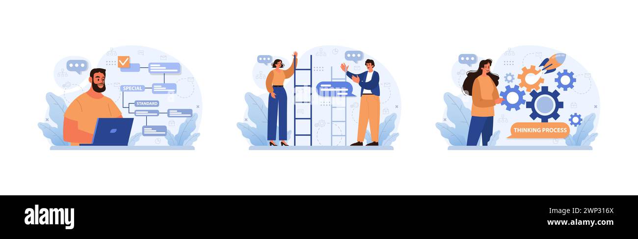 Workplace set. Online tasks, list management, diverse team collaboration. Creative brainstorming ...