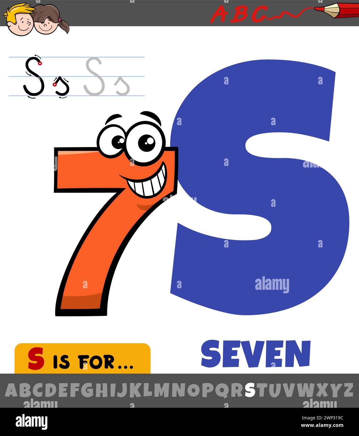 Educational cartoon illustration of letter S from alphabet with seven ...