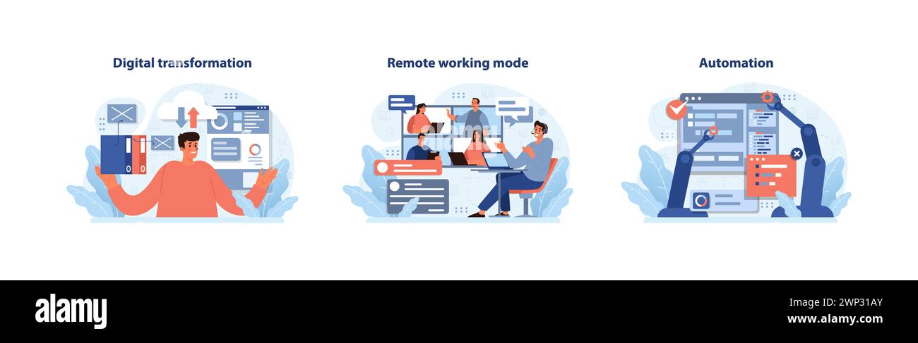 Digital Business trio. Seamless integration of digital transformation, remote work dynamics, and ...