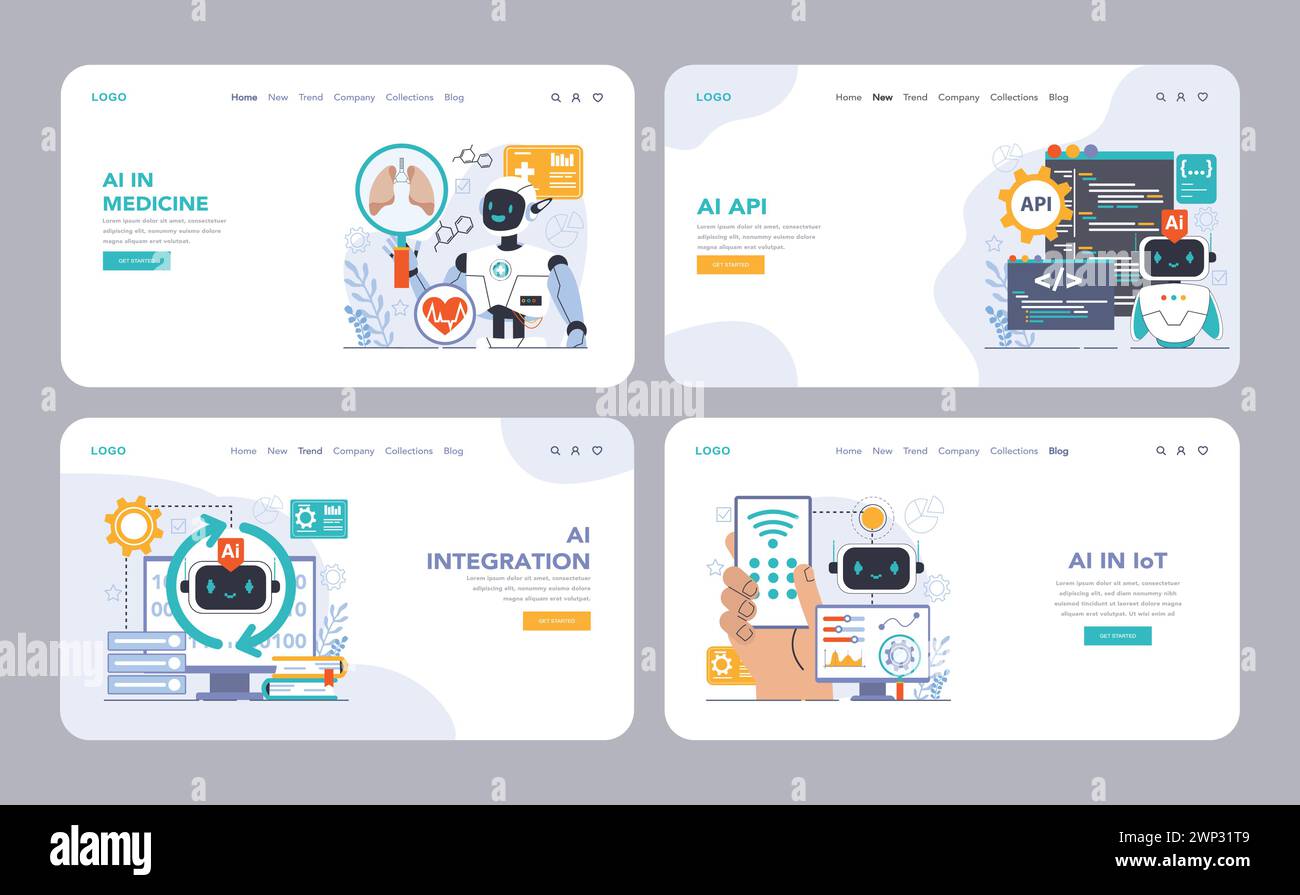 Ai integration web or landing set. Artificial intelligence, neural network assistance and ...