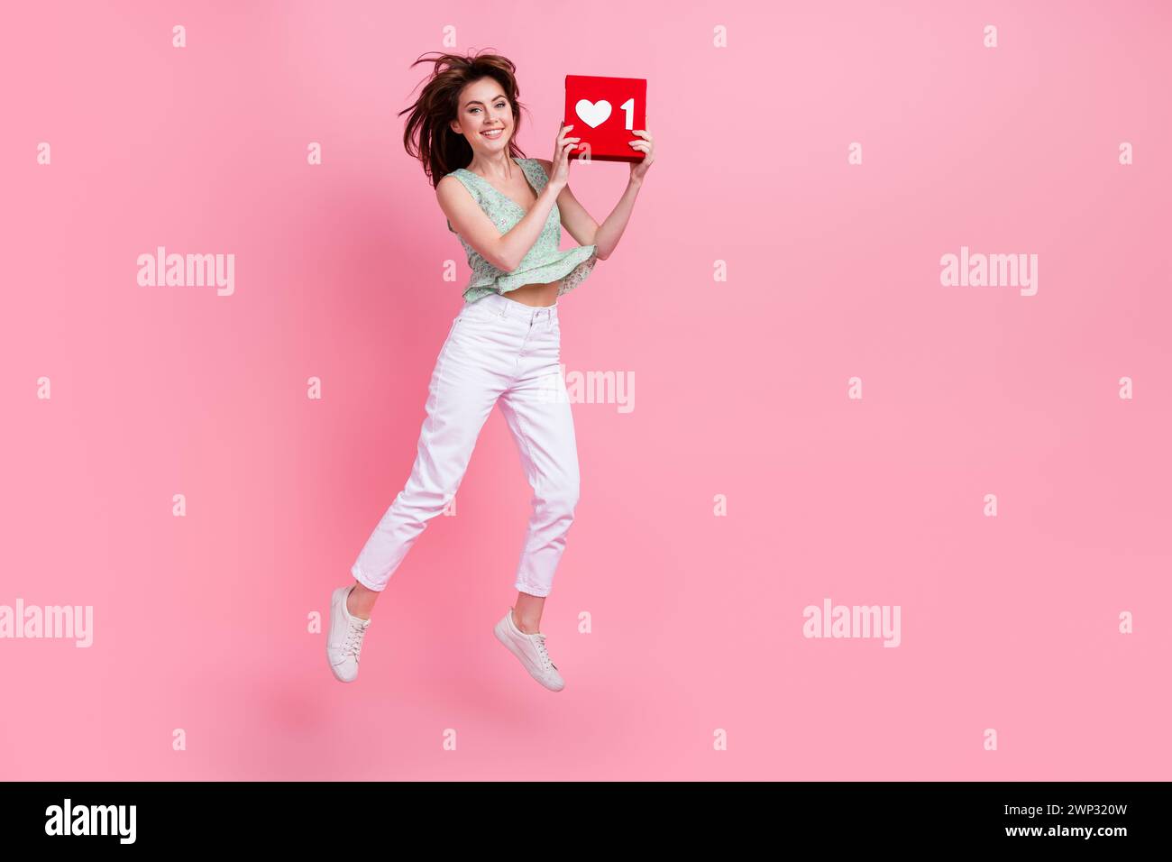 Full length photo of funky cheerful gorgeous girl blogger influencer ...