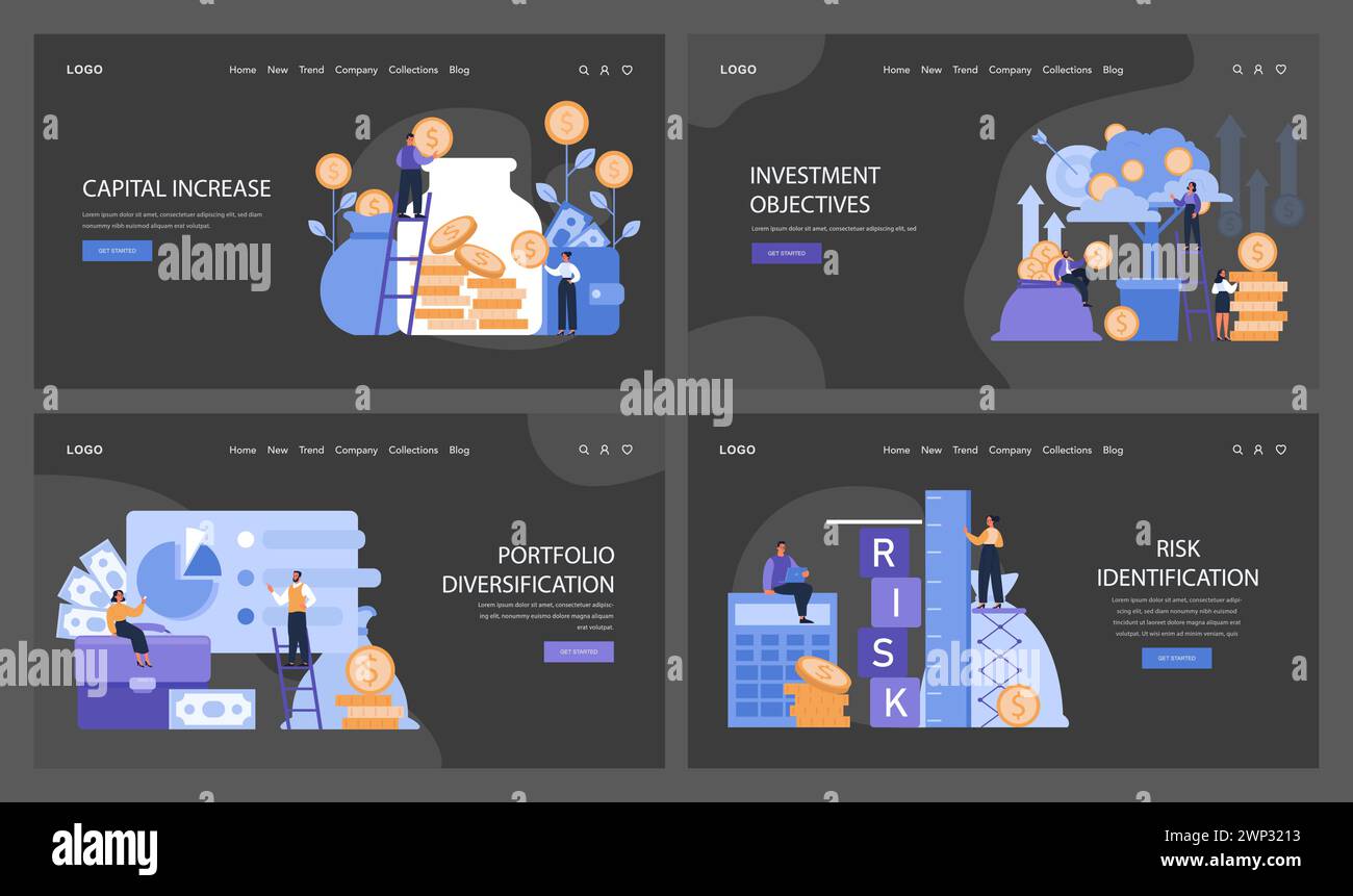 Investment objectives dark or night mode web or landing set. Capital ...