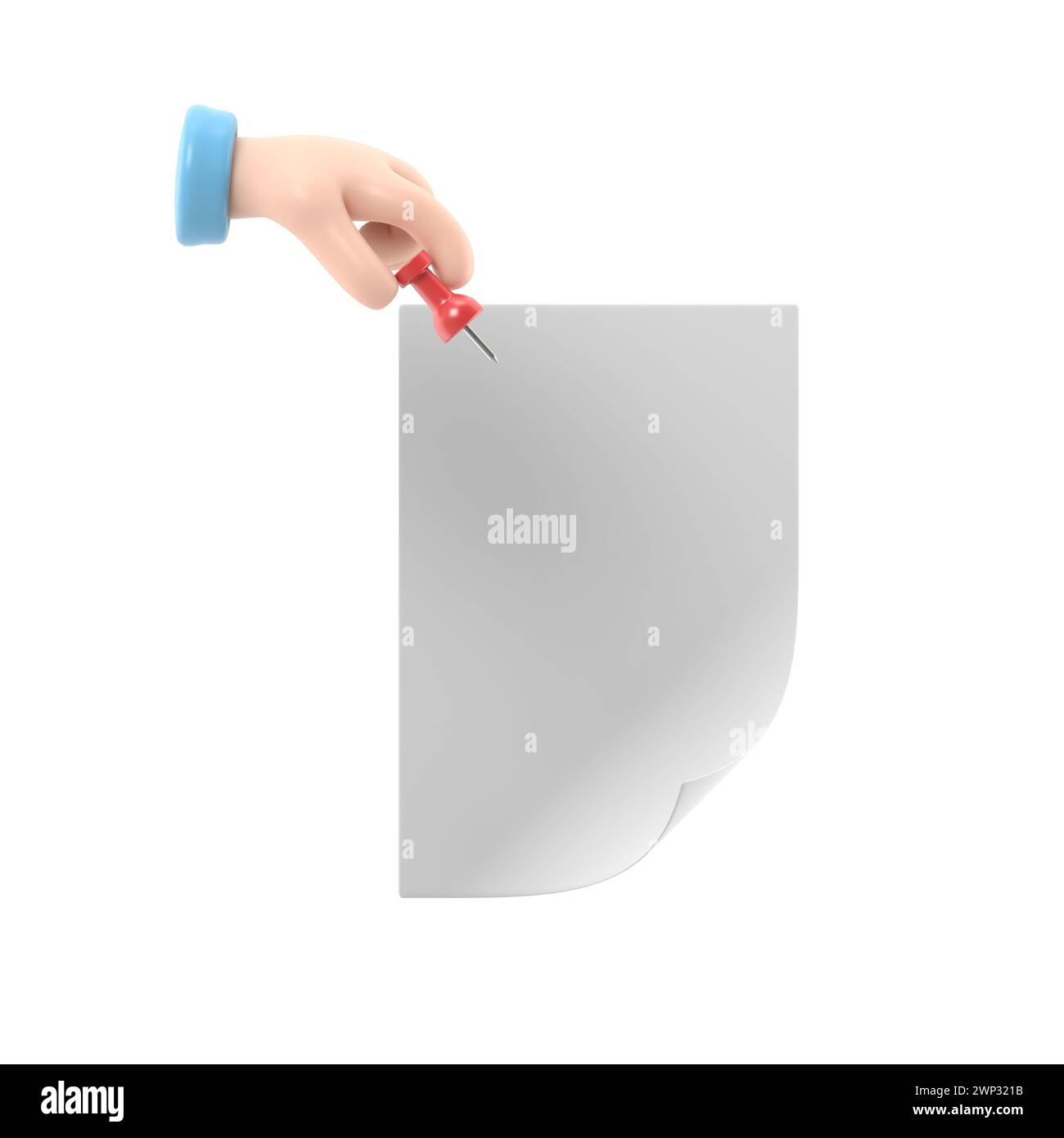 Paper push pins. Thumbtack in hand man. Empty white sheet. 3D ...