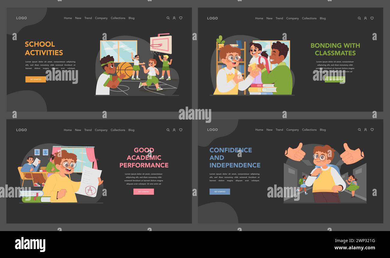 New at school dark or night mode web, landing set. Building friendships ...