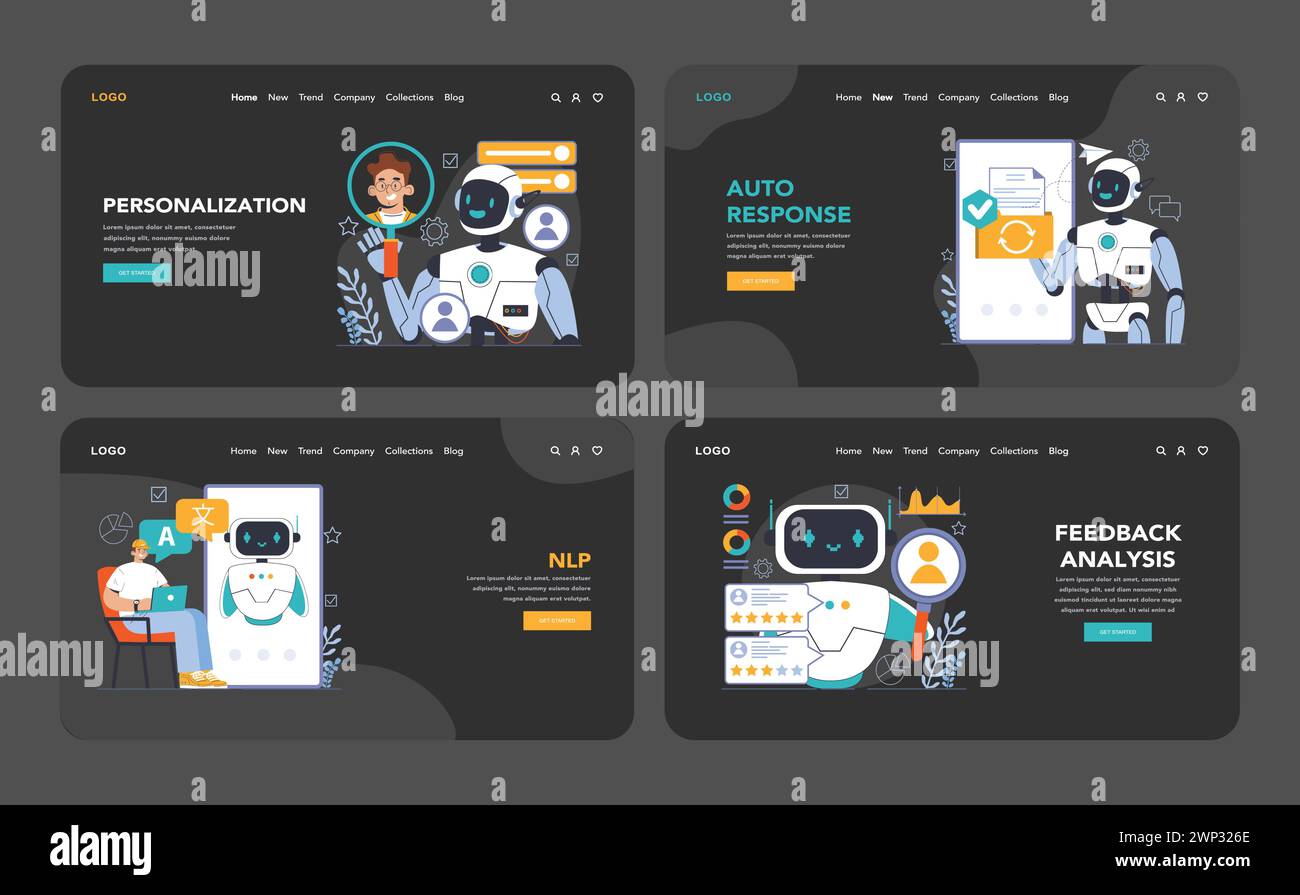 Chat bot dark or night mode web or landing set. AI-powered customer service. Online consultation ...