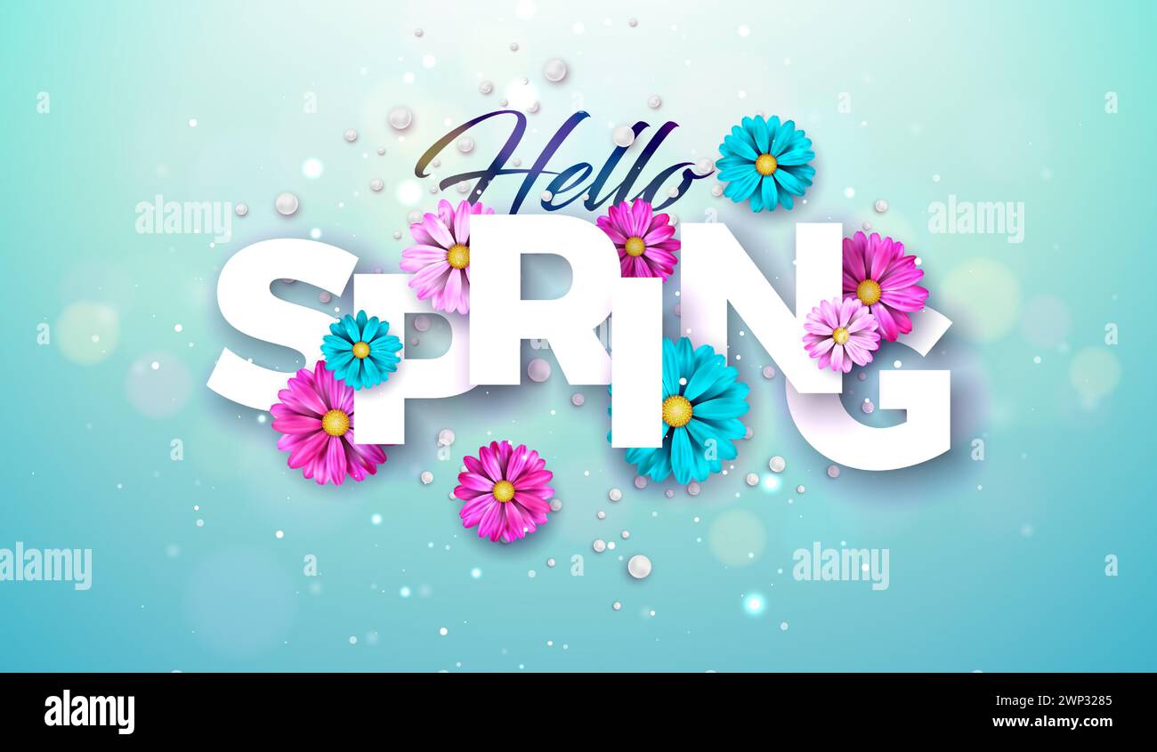 Hello Spring Nature Theme Illustration with Colorful Flower and ...