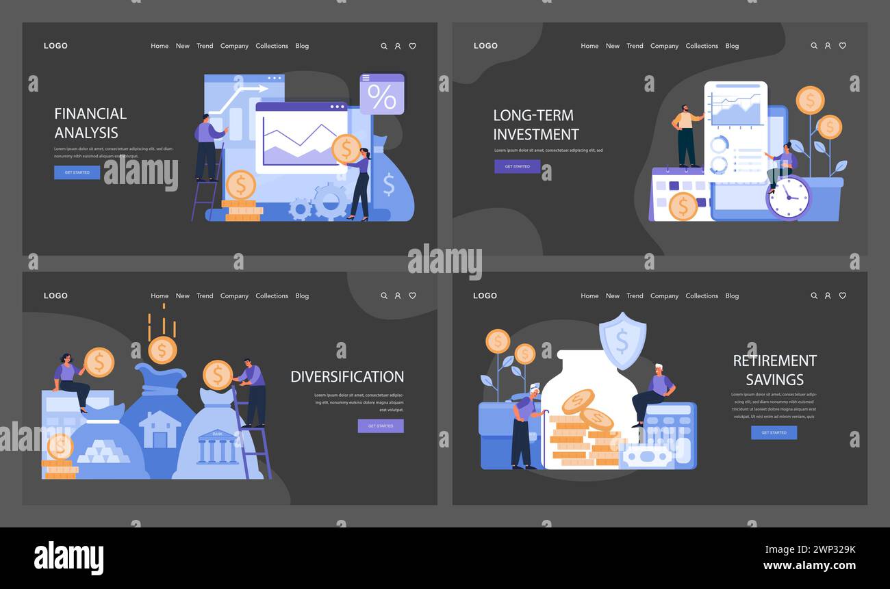 Investment strategy web or landing set. Visualizing financial analysis ...