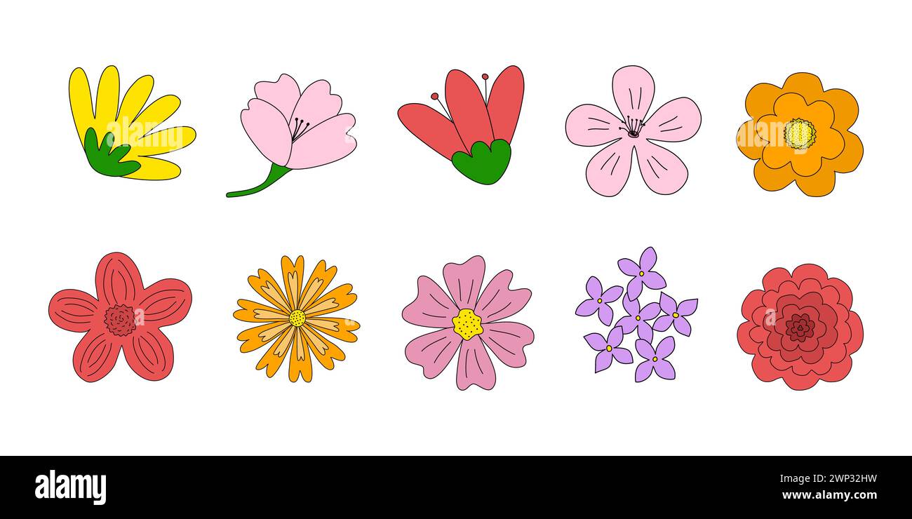 Set of different flowers heads, spring design elements, doodle style ...