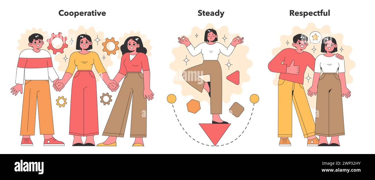 Colorful vector illustrations highlighting the virtues of cooperation ...