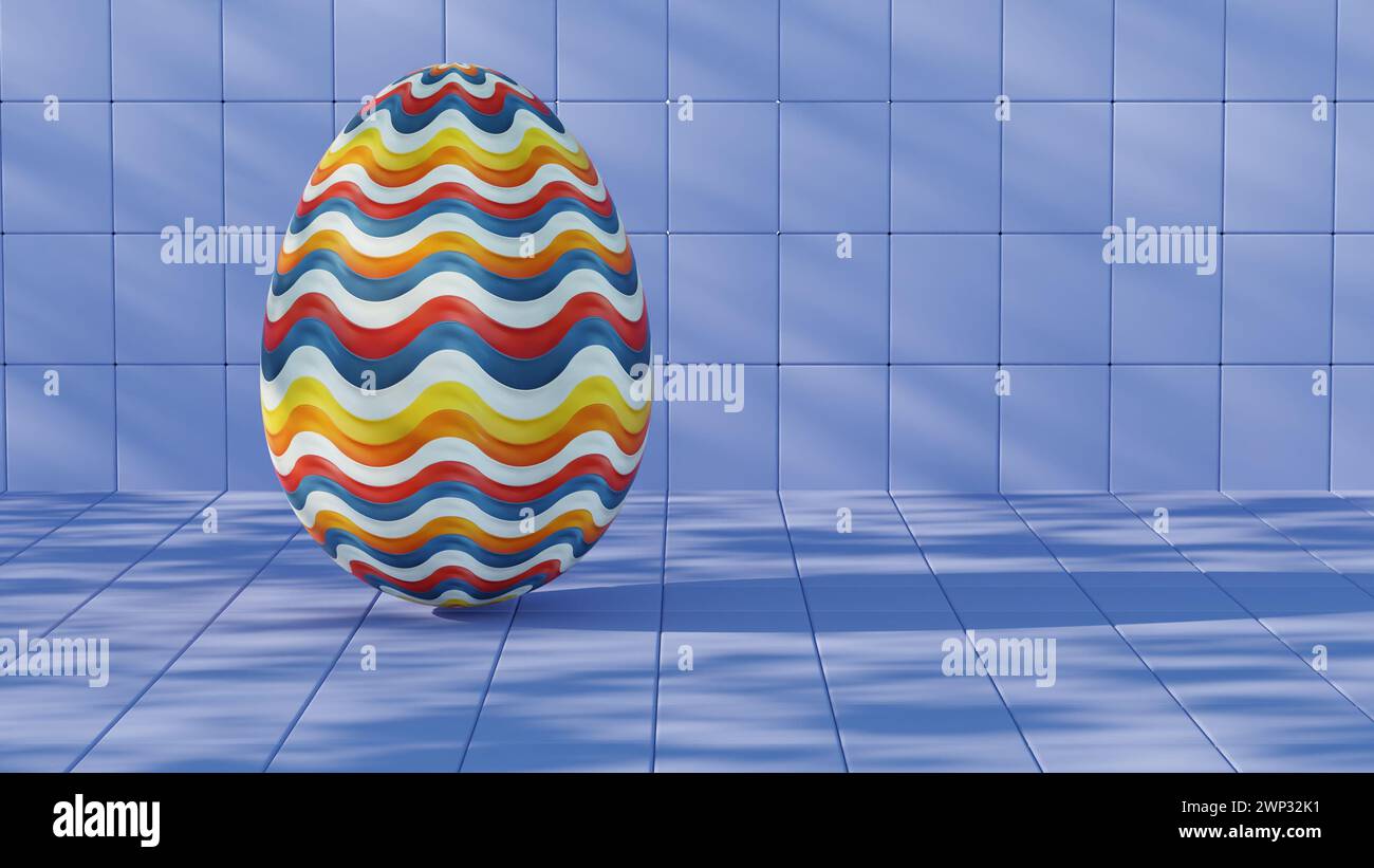 3D minimalist Easter egg design featuring a retro wave pattern, blending modern aesthetics with ...