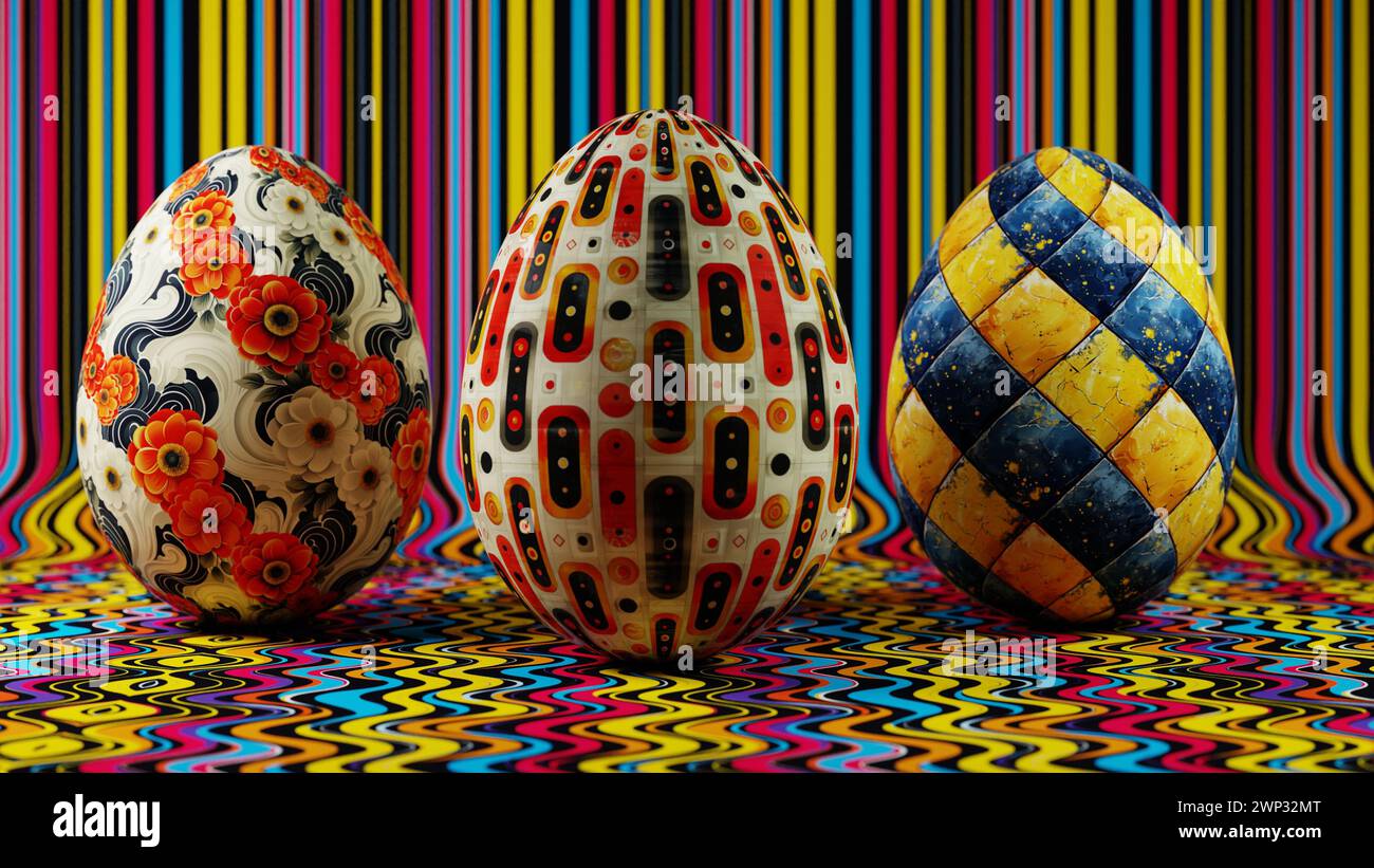 3D minimalist Easter egg design featuring a retro wave pattern ...