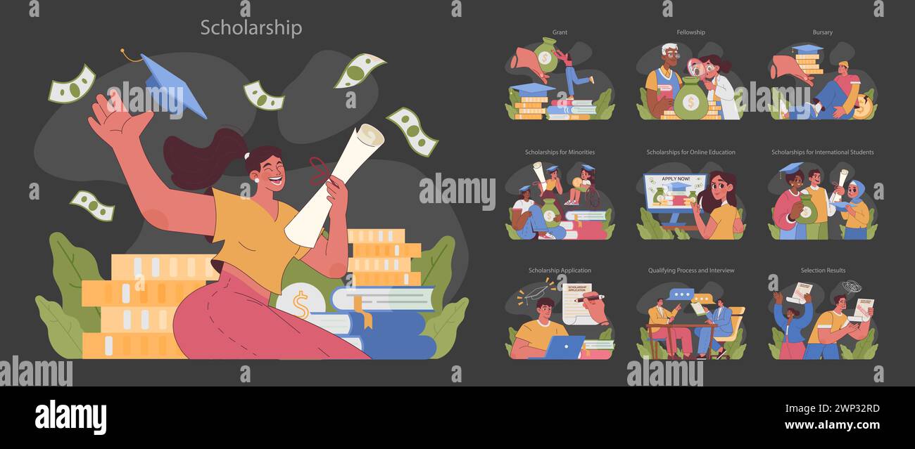 Scholarship set. Celebrating academic achievements and financial aid ...