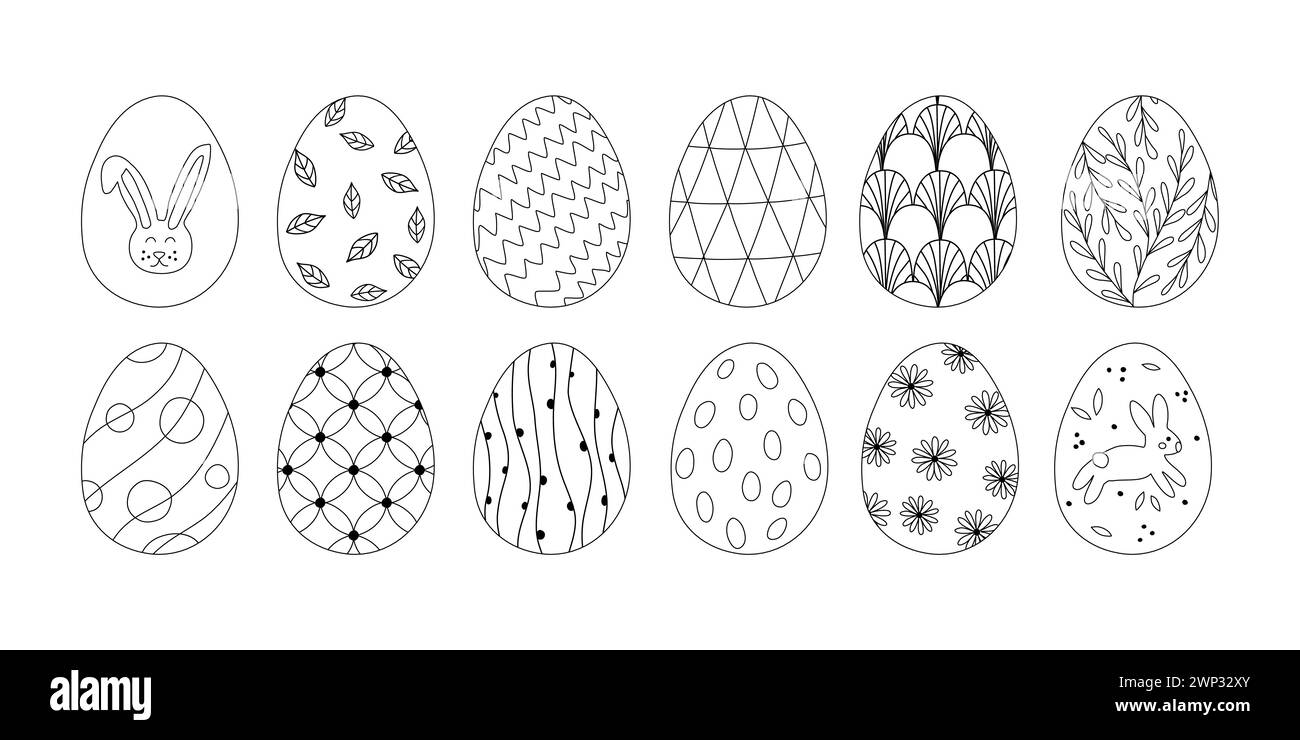 Set of Easter eggs with different patterns, doodle style flat vector ...