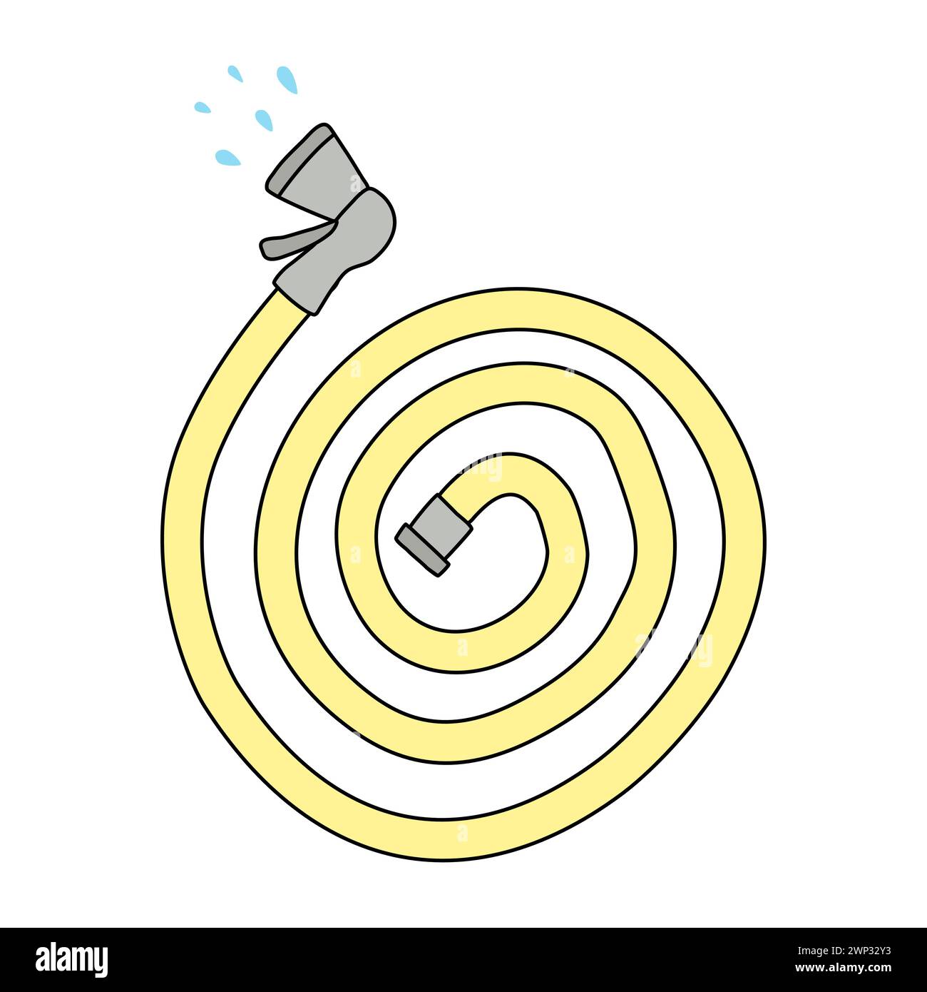 Spiral watering hose with water drops, spring garden design element ...