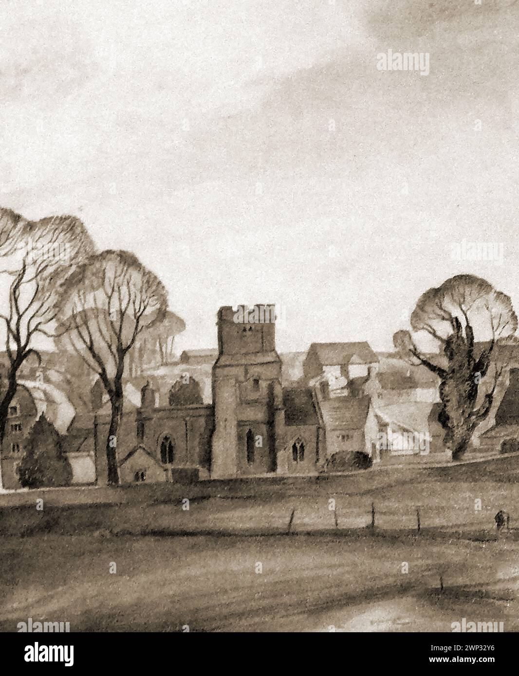 An old 1930's image of Coln St Dennis, , Cotswold and its church Stock ...