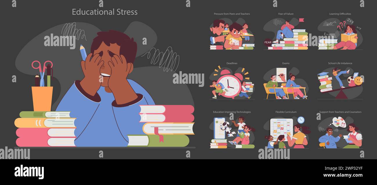 Educational stress set. Overwhelmed students grappling with deadlines ...