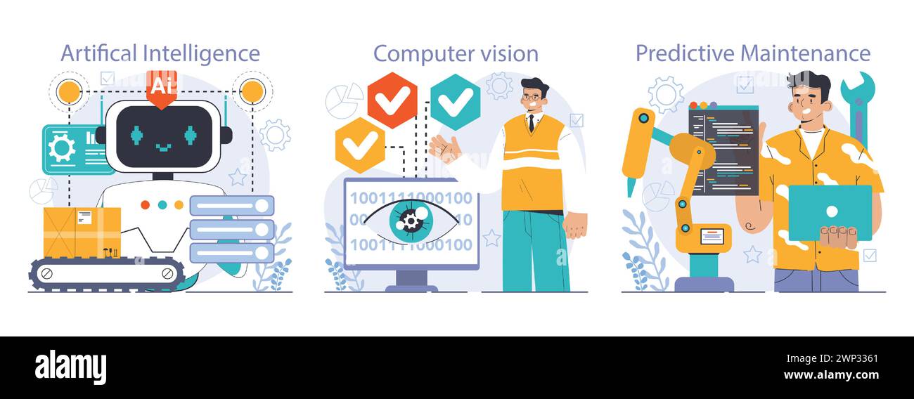 Robotic manufacture set. Automated systems or AI working for ...