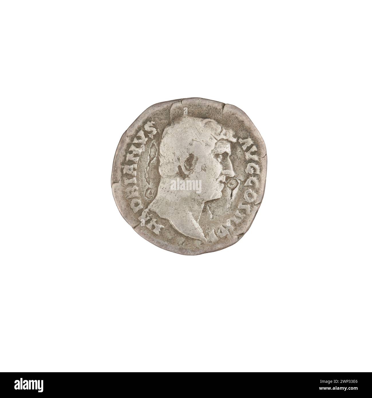 A Roman denarius coin from 134-138 AD depicting Emperor Hadrian and ...