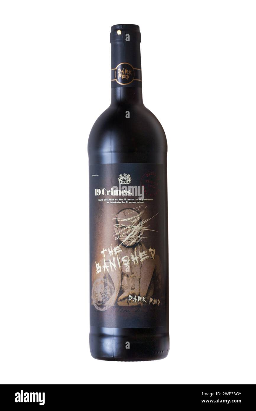 bottle of 19 Crimes The Banished dark red wine isolated on white ...