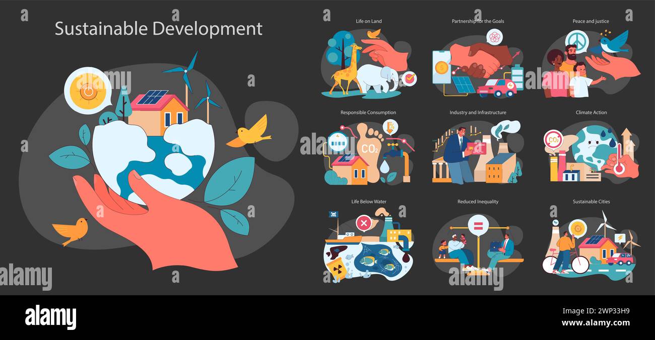 Sustainable development dark or night mode set. Global action for ...