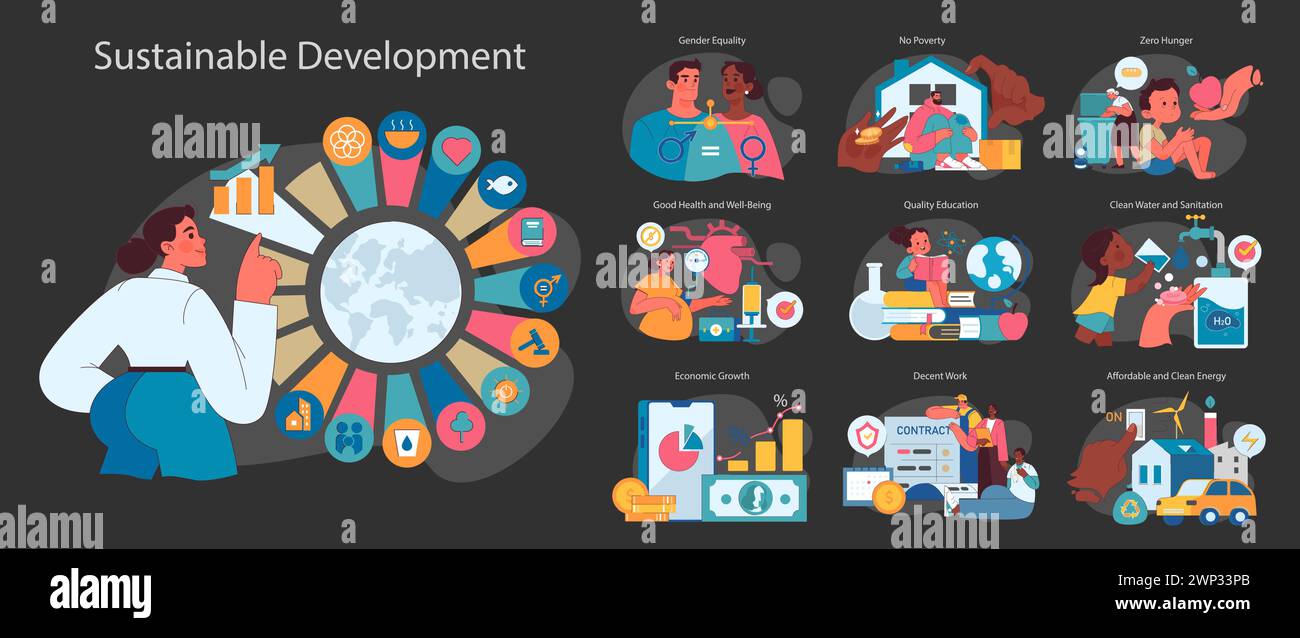 SDG or sustainable development goals dark or night mode set. Global target for better future ...